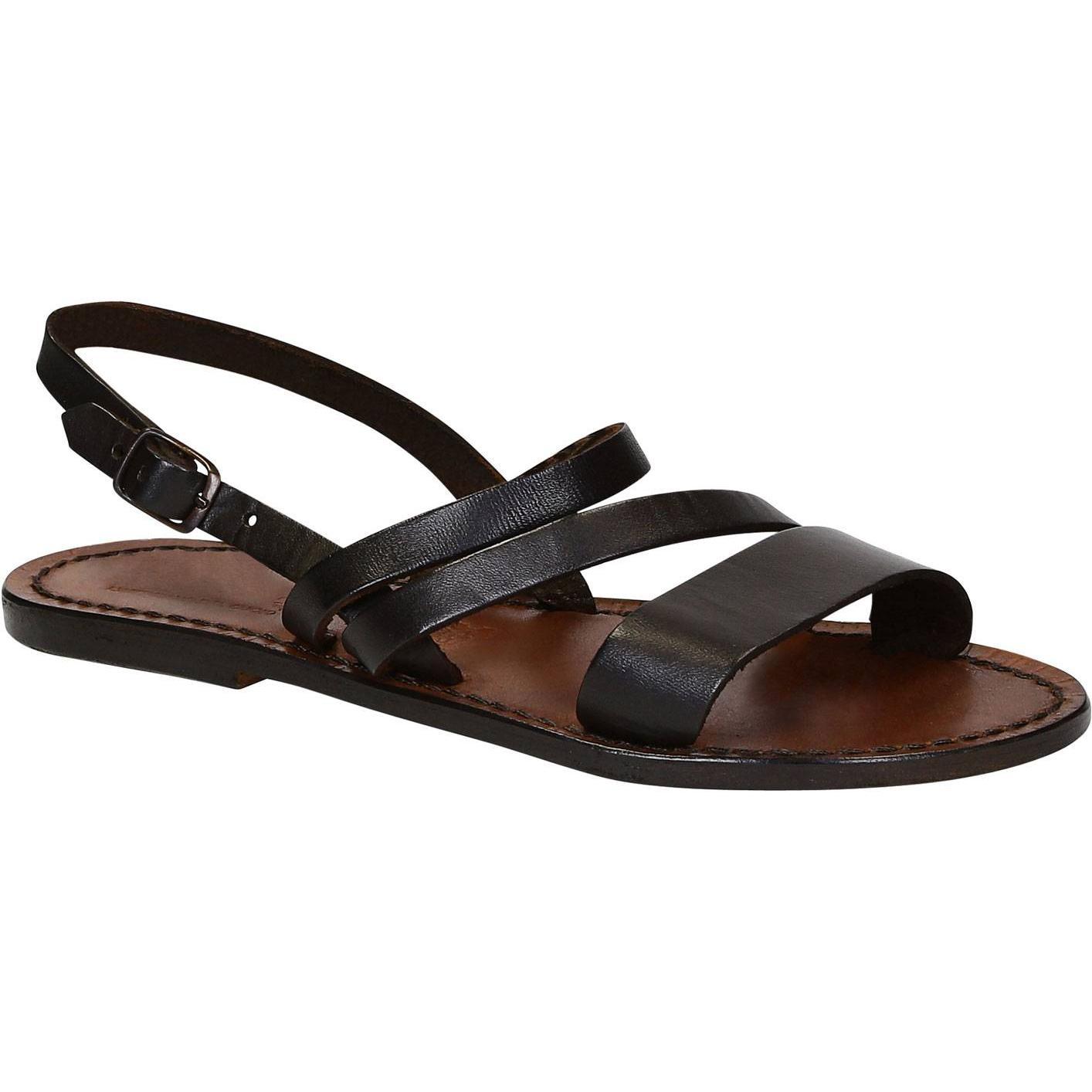 Women's brown leather flat sandals handmade - Artigiani del cuoio