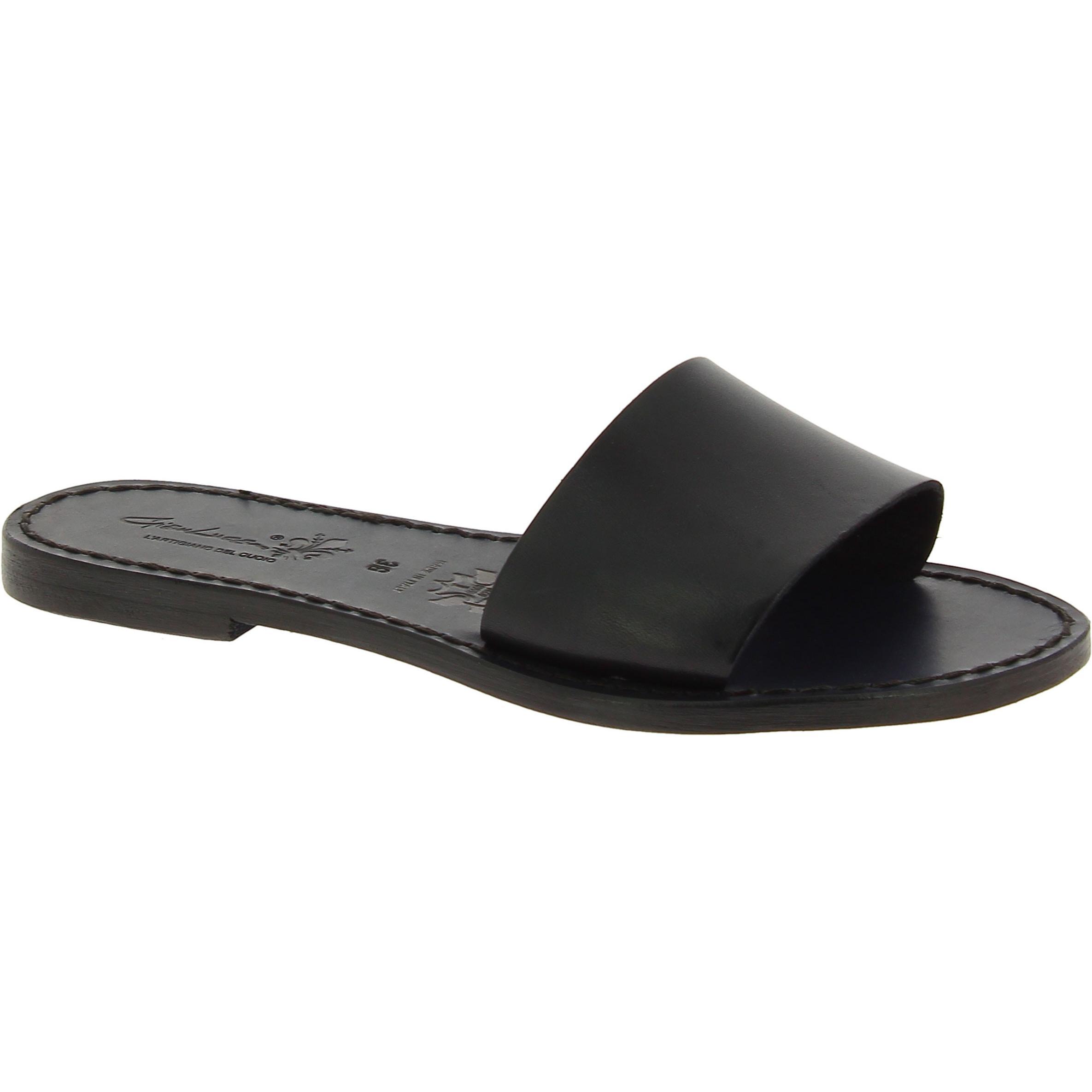 Women's leather slides sandals in black leather handmade | Leather Artisans