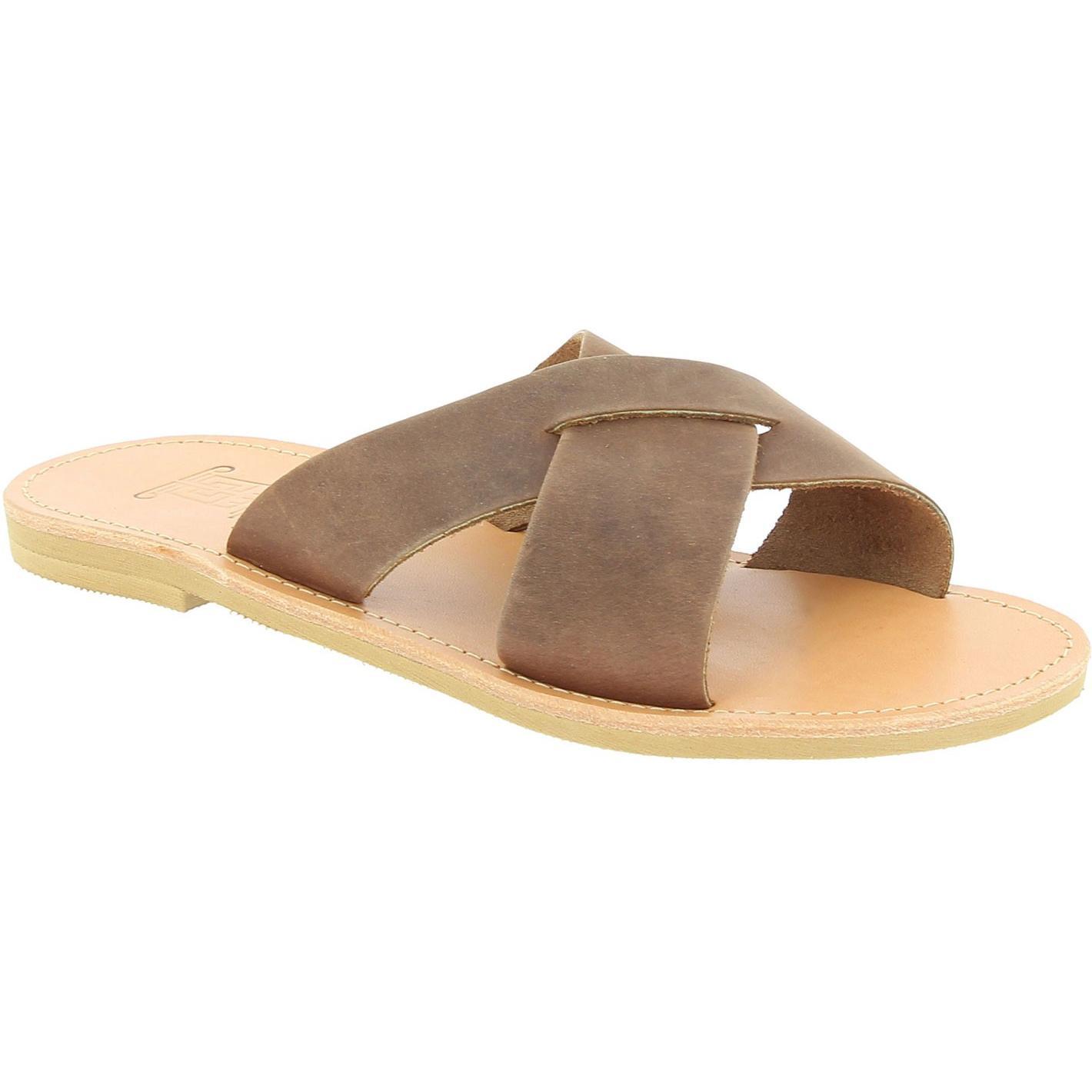 Men's slipper sandals with crossed bands in dark brown nubuck leather ...