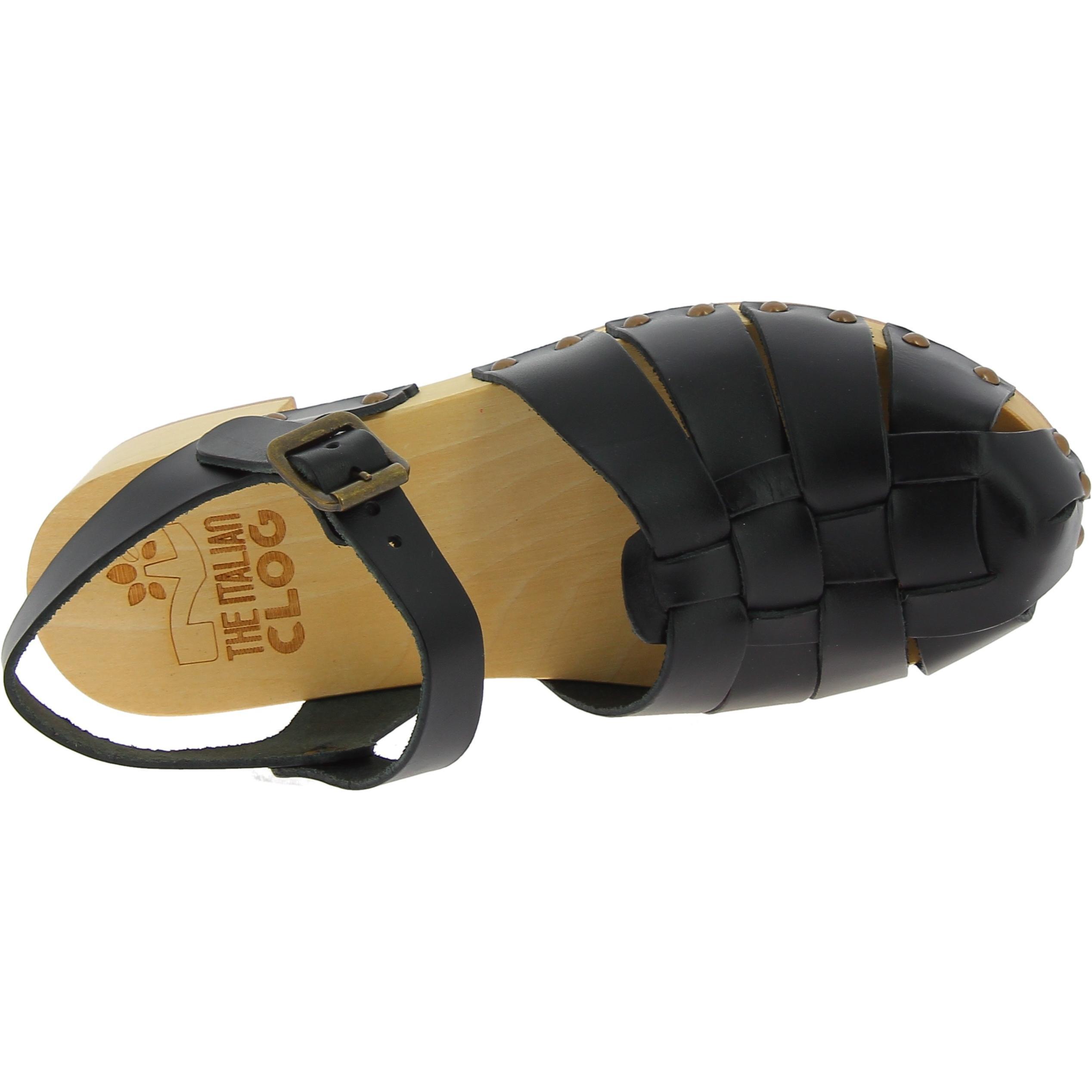 Handmade wooden clogs for women with black leather cage upper ...