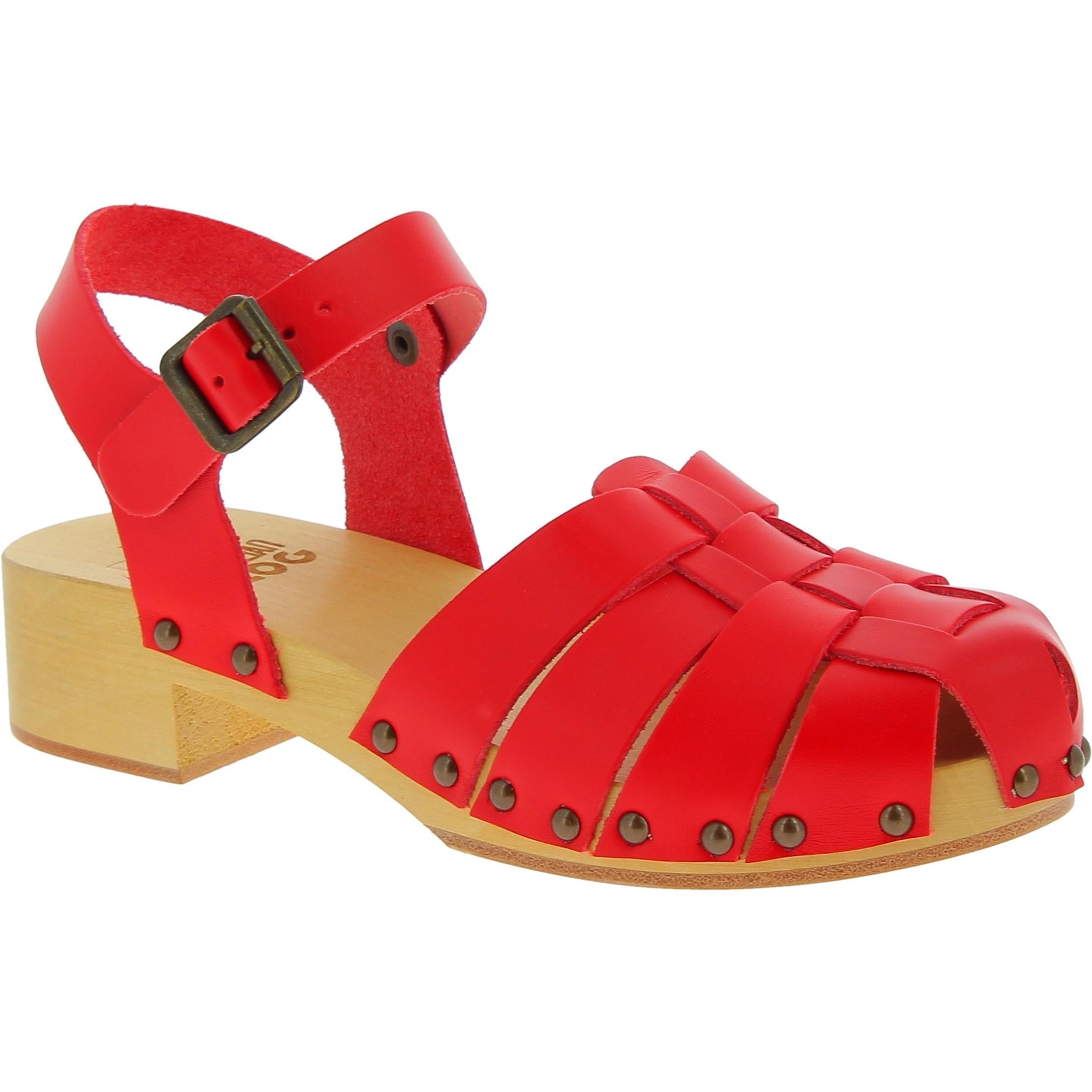 Handmade women's clogs with red leather cage upper - Artigiani del cuoio