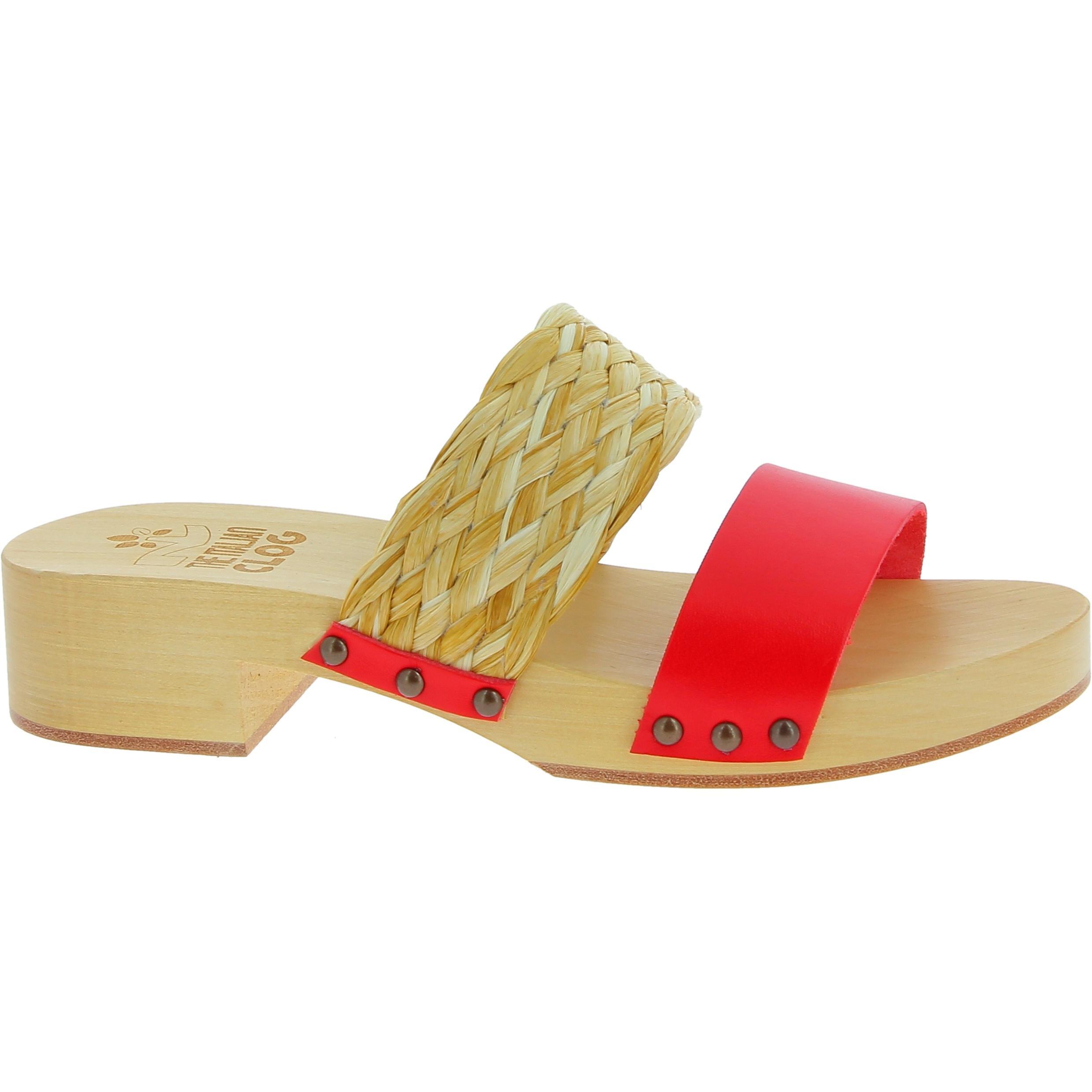 Wooden mules with red leather and rafia band Handmade - Artigiani del cuoio
