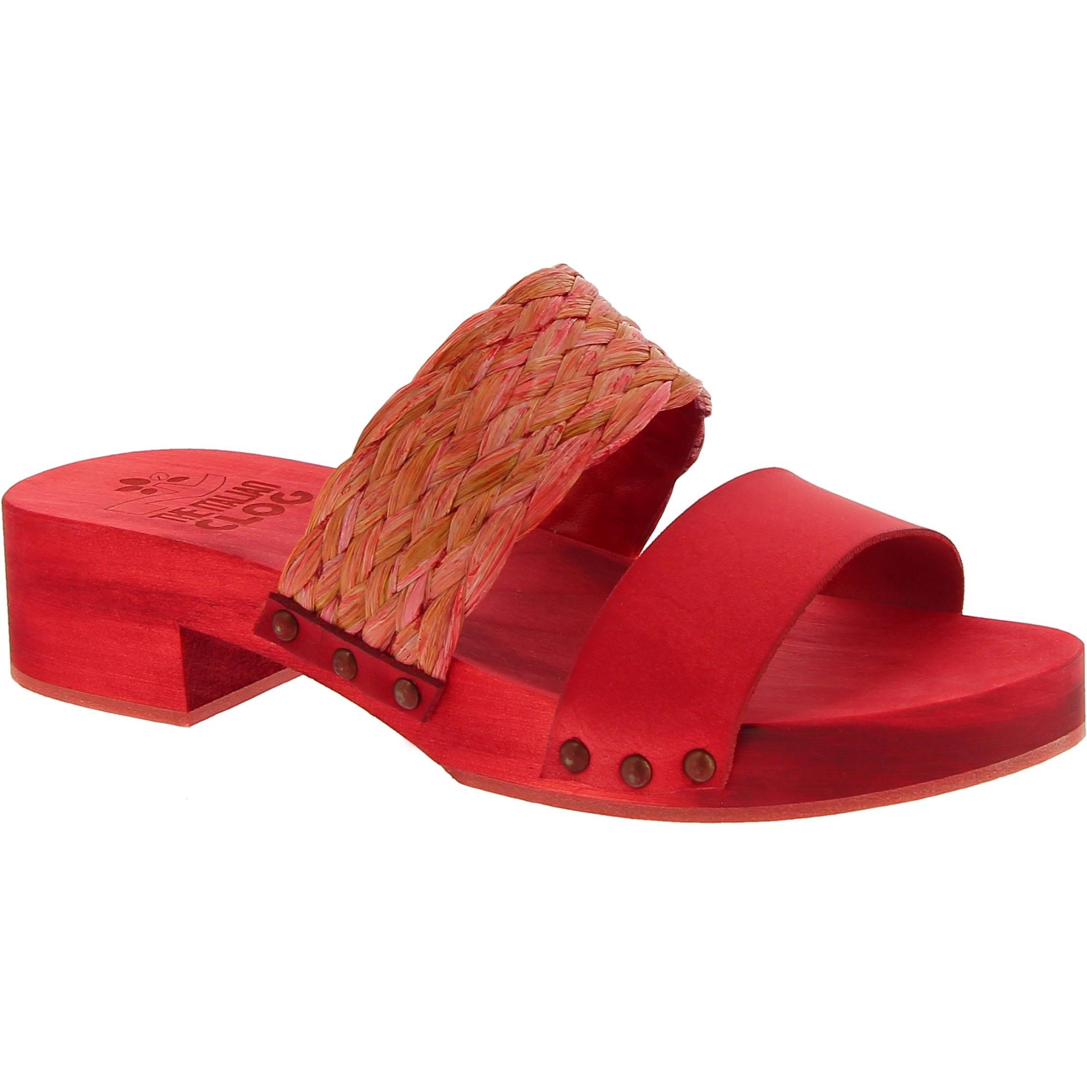 Red mules with leather and rafia band Handmade - Artigiani del cuoio