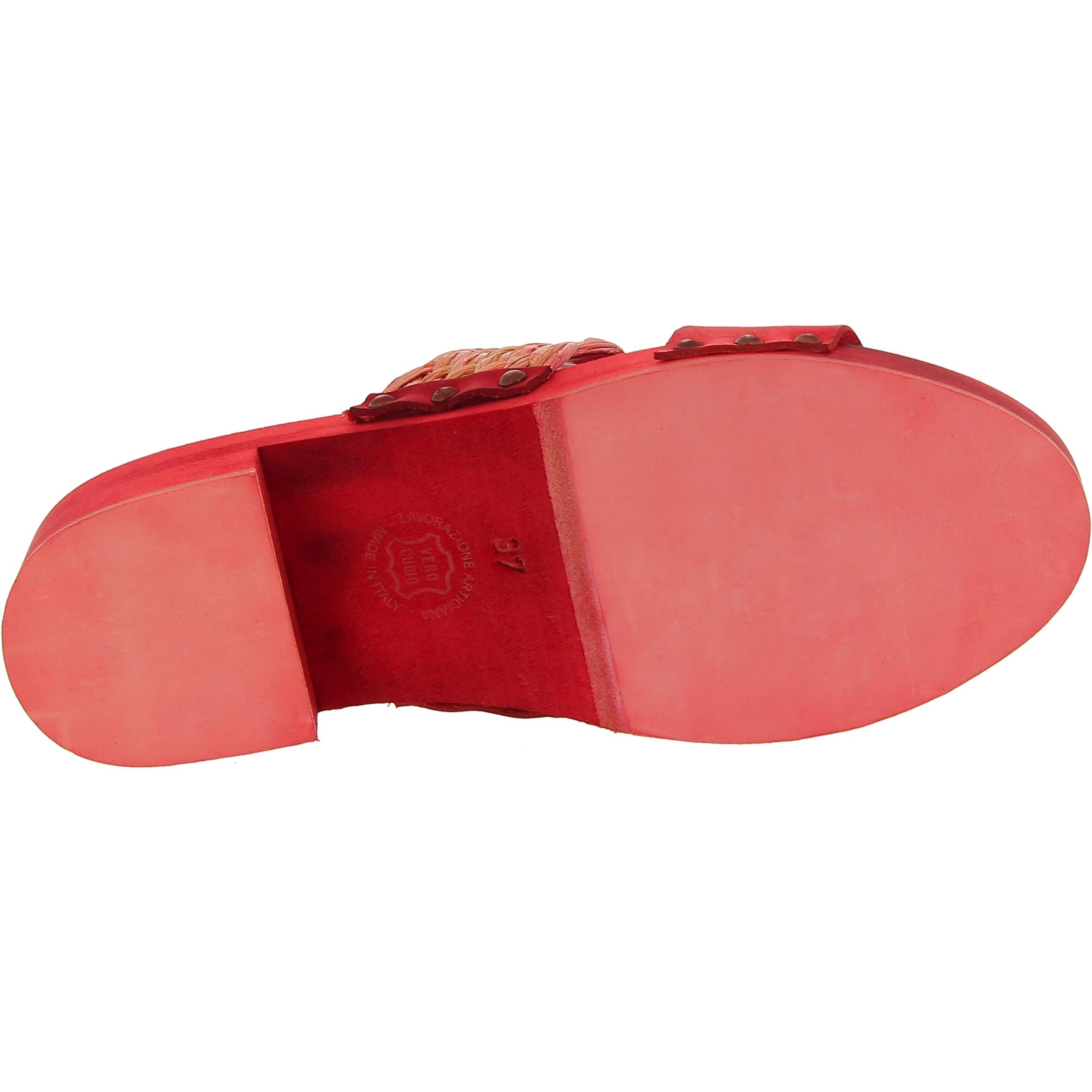 Red mules with leather and rafia band Handmade - Artigiani del cuoio