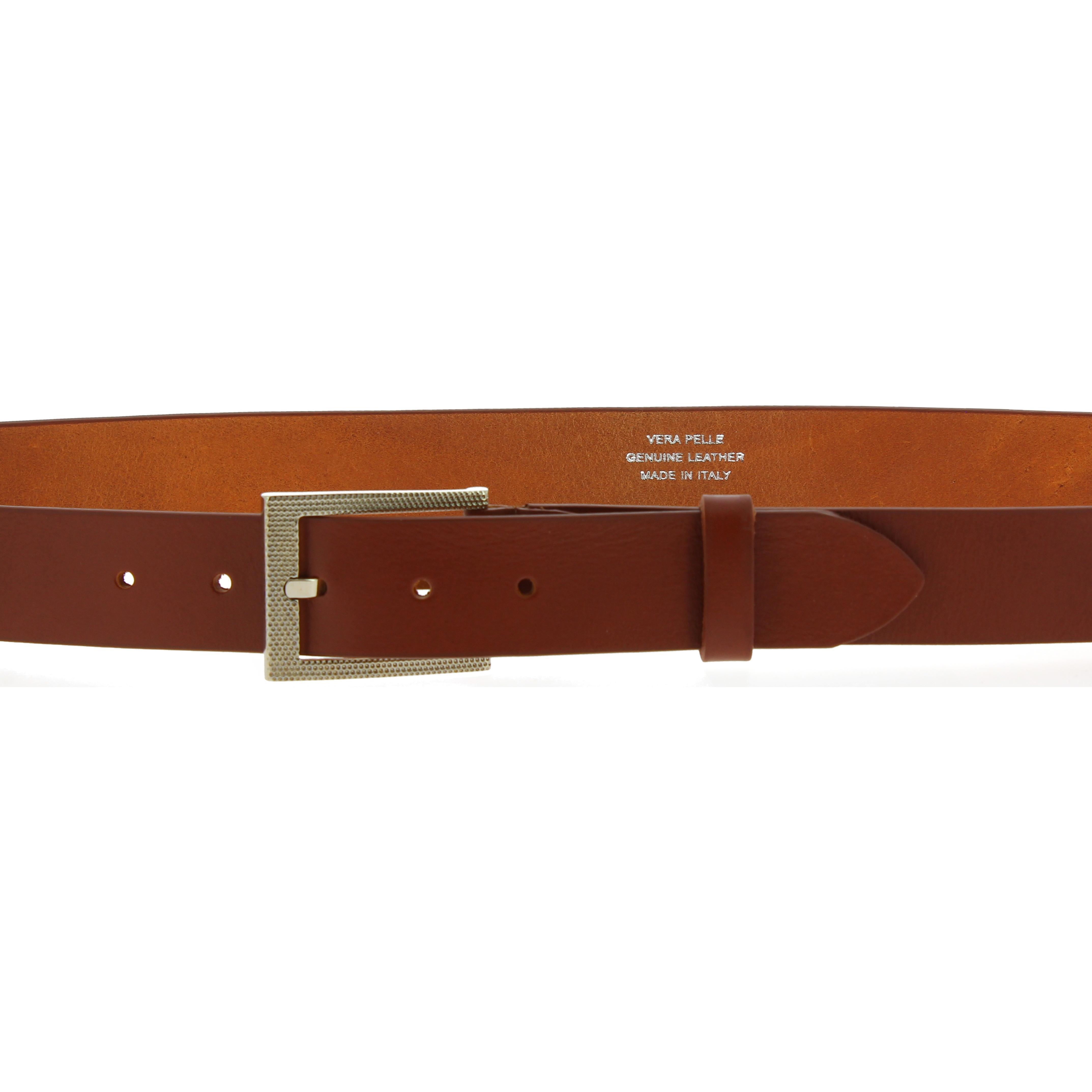 Genuine brandy leather belt with classic rectangular metal buckle ...