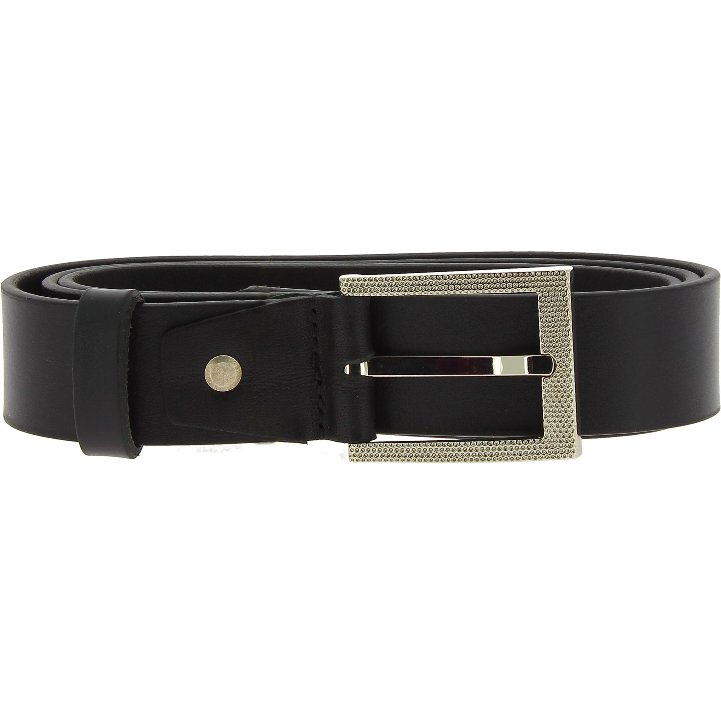 Genuine black leather belt with classic rectangular metal buckle ...