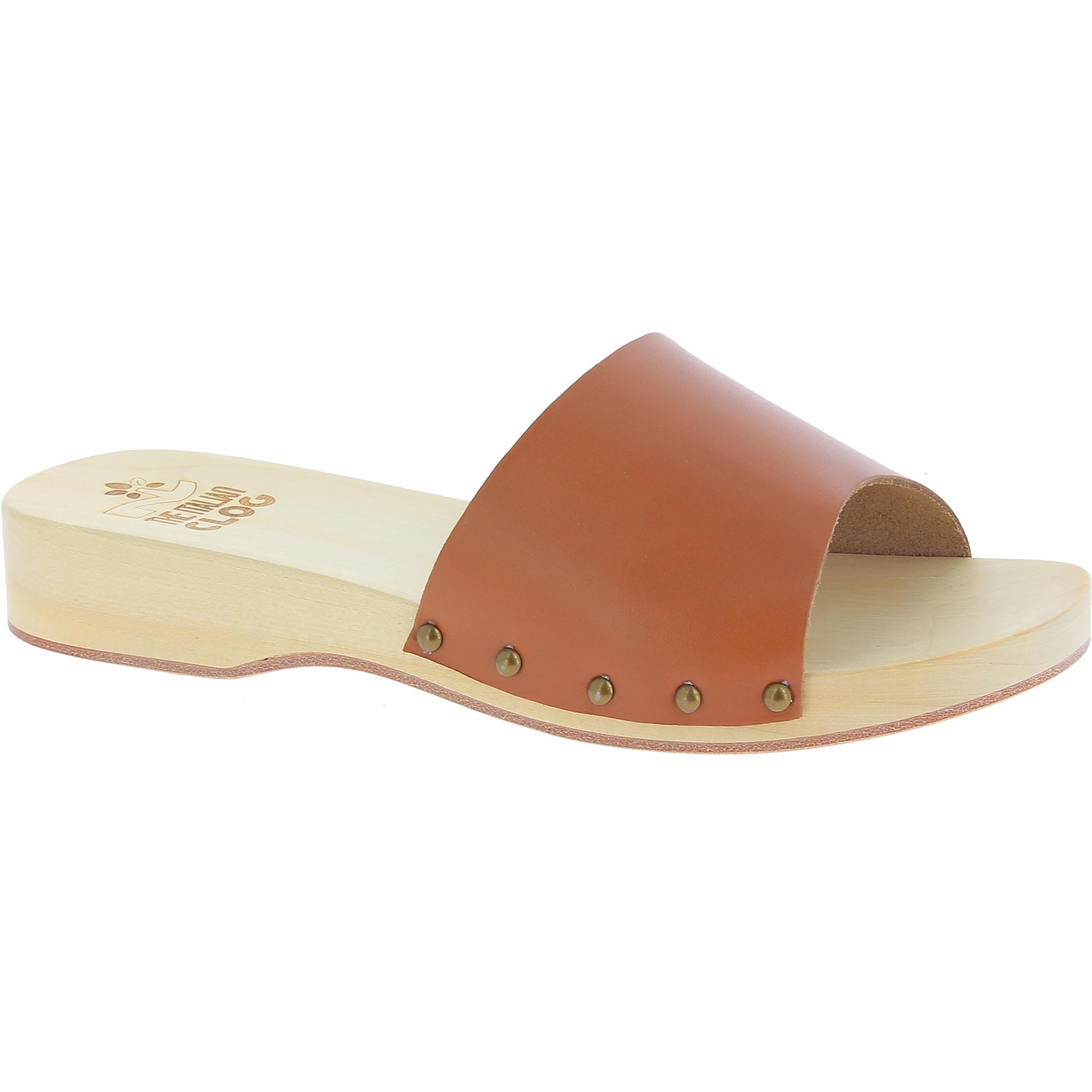 Handmade wooden clogs for men with large brown leather band - Artigiani ...