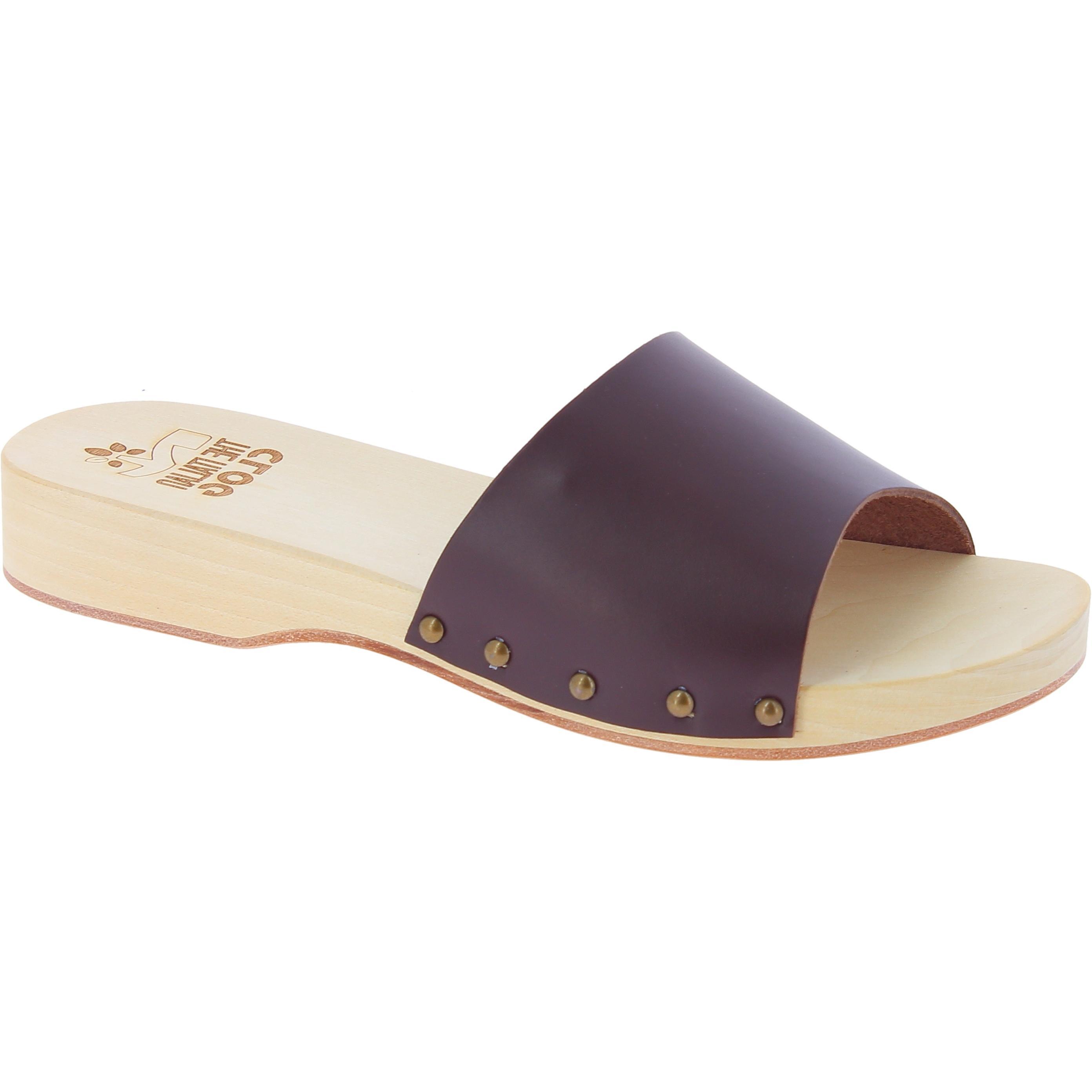 Handmade wooden clogs for men with large dark brown leather band ...