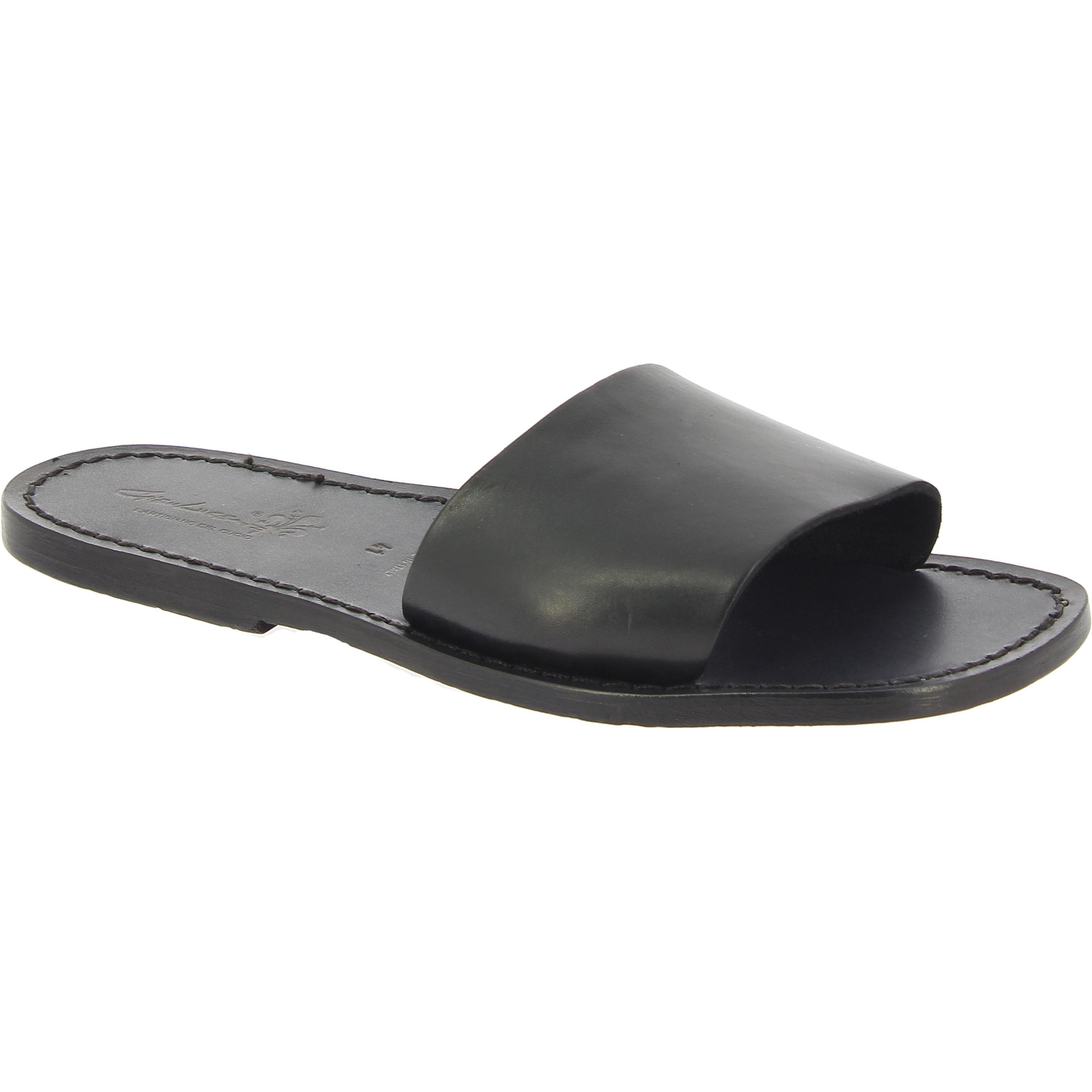 Men's leather slides sandals in black leather handmade | Leather Artisans