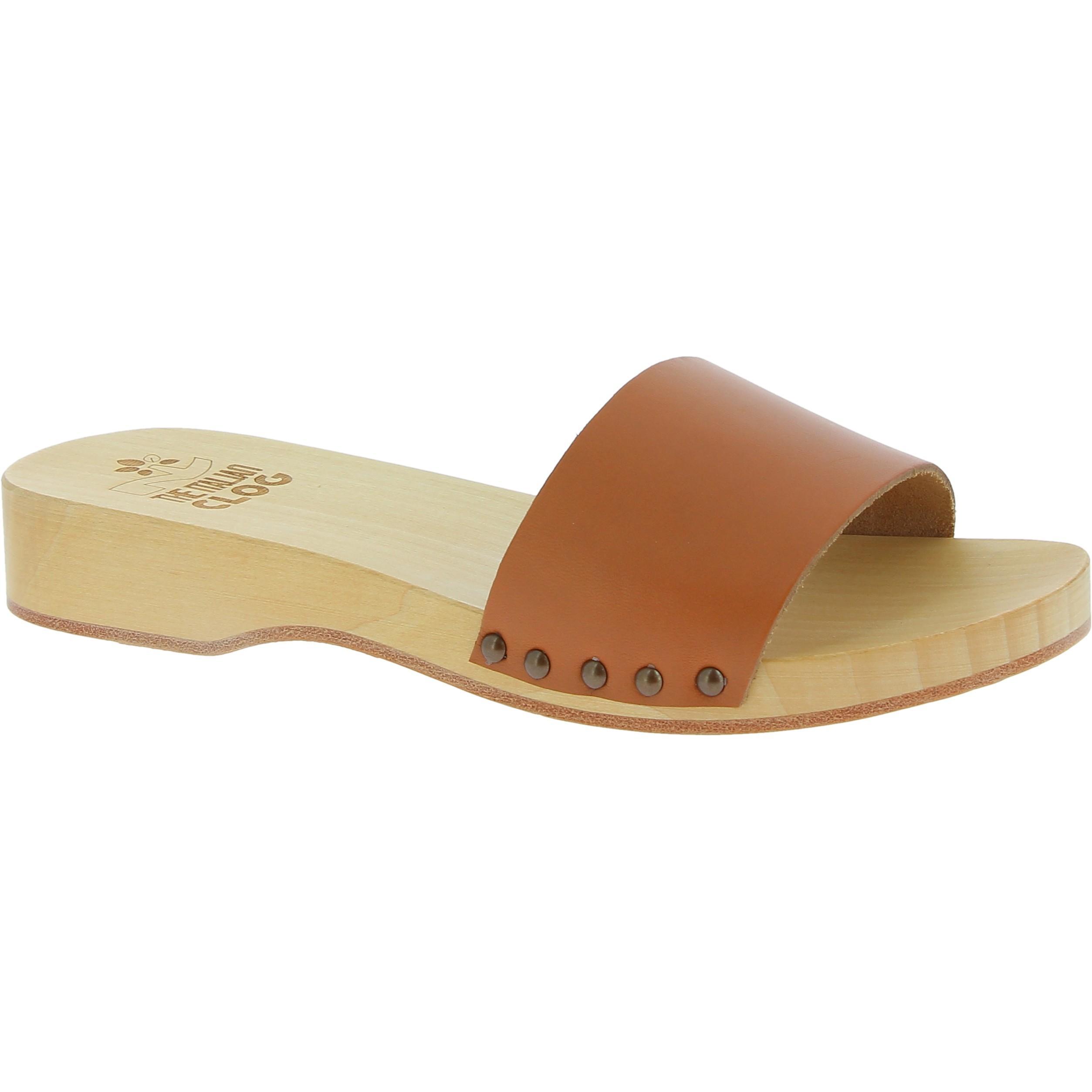 Handmade wooden clogs for men with tan leather band | Leather Artisans